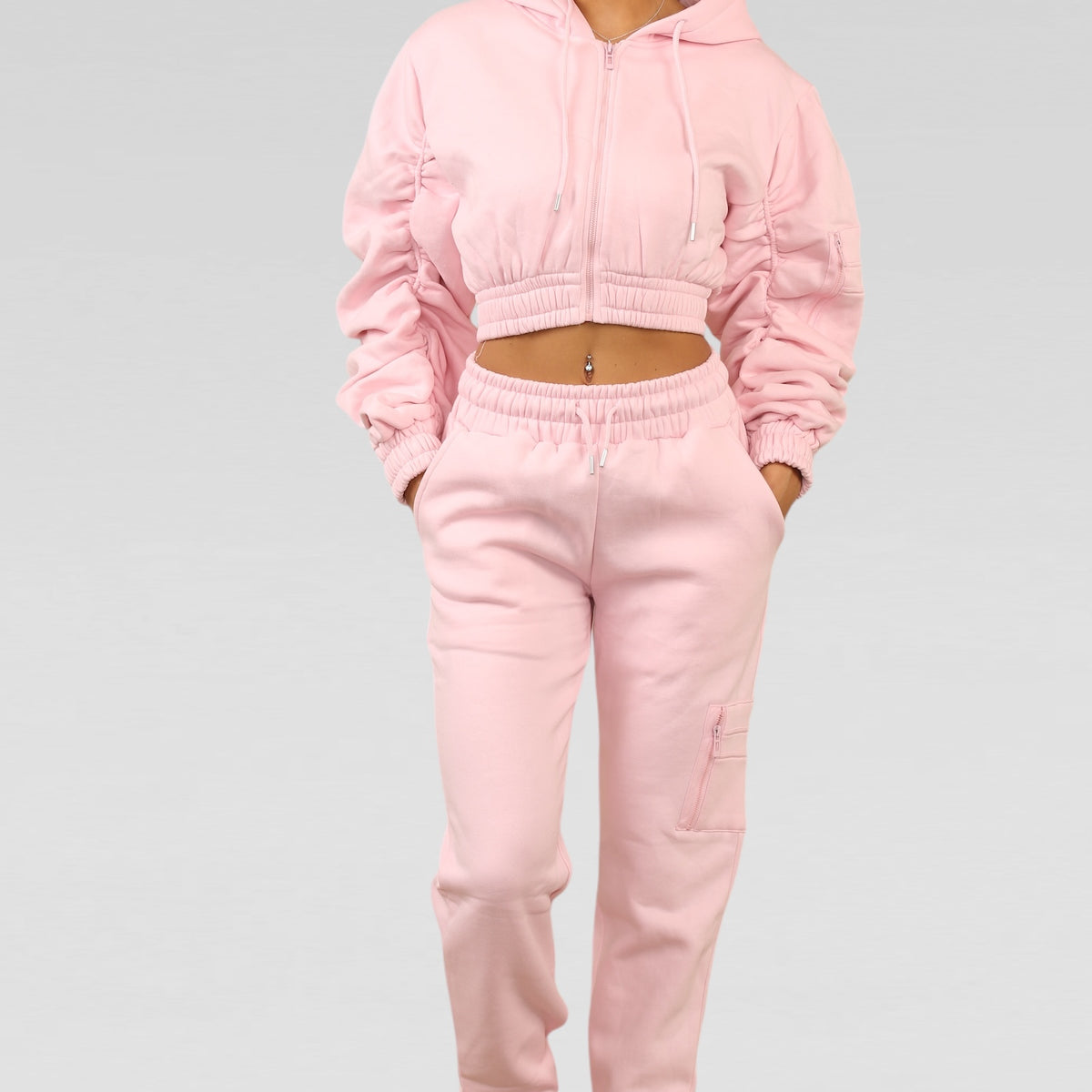 Pink Ruched Sleeve Cropped Hoodie Tracksuit – Miss Passion
